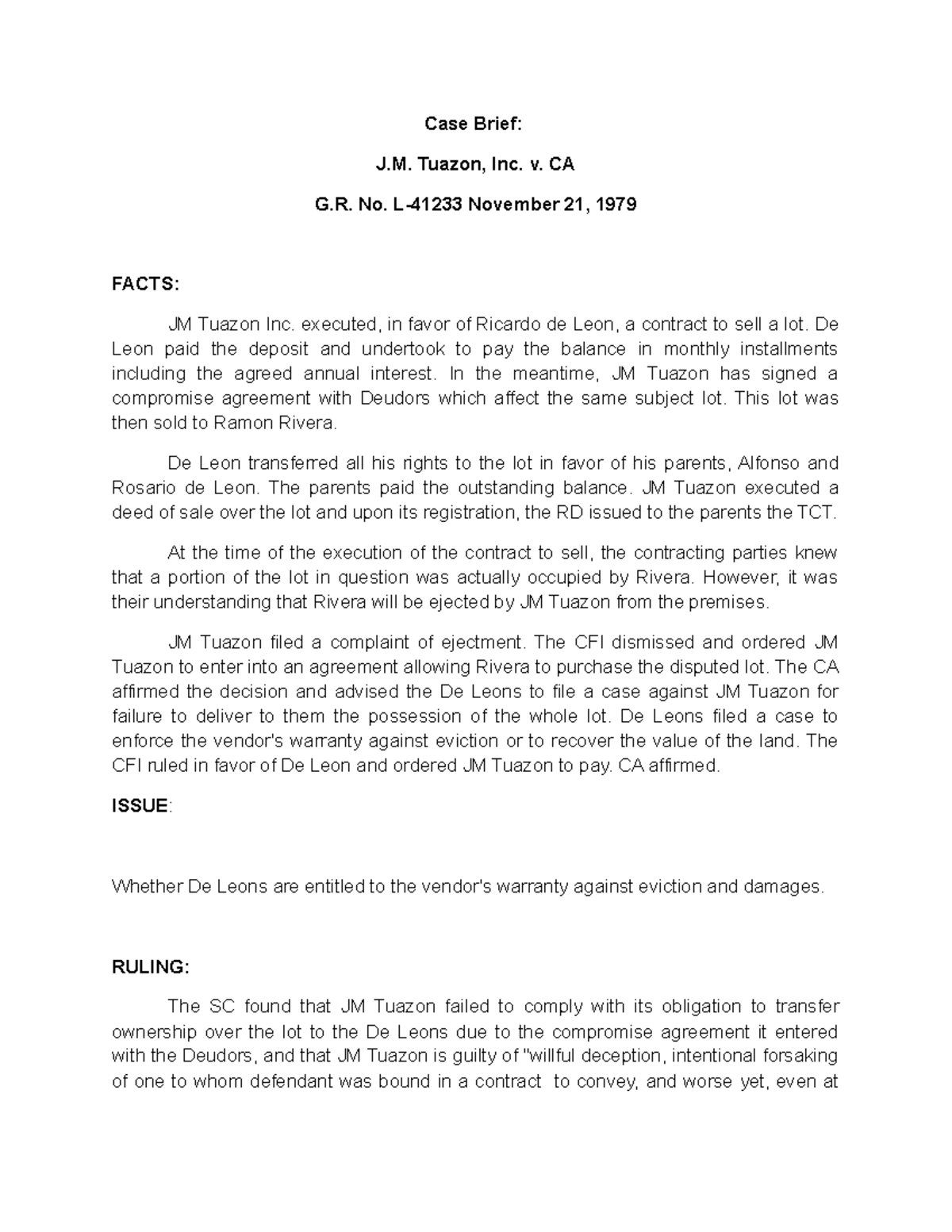 JM Tuazon v CA - Case Digest - The Law on Sales, Agency, and Credit ...