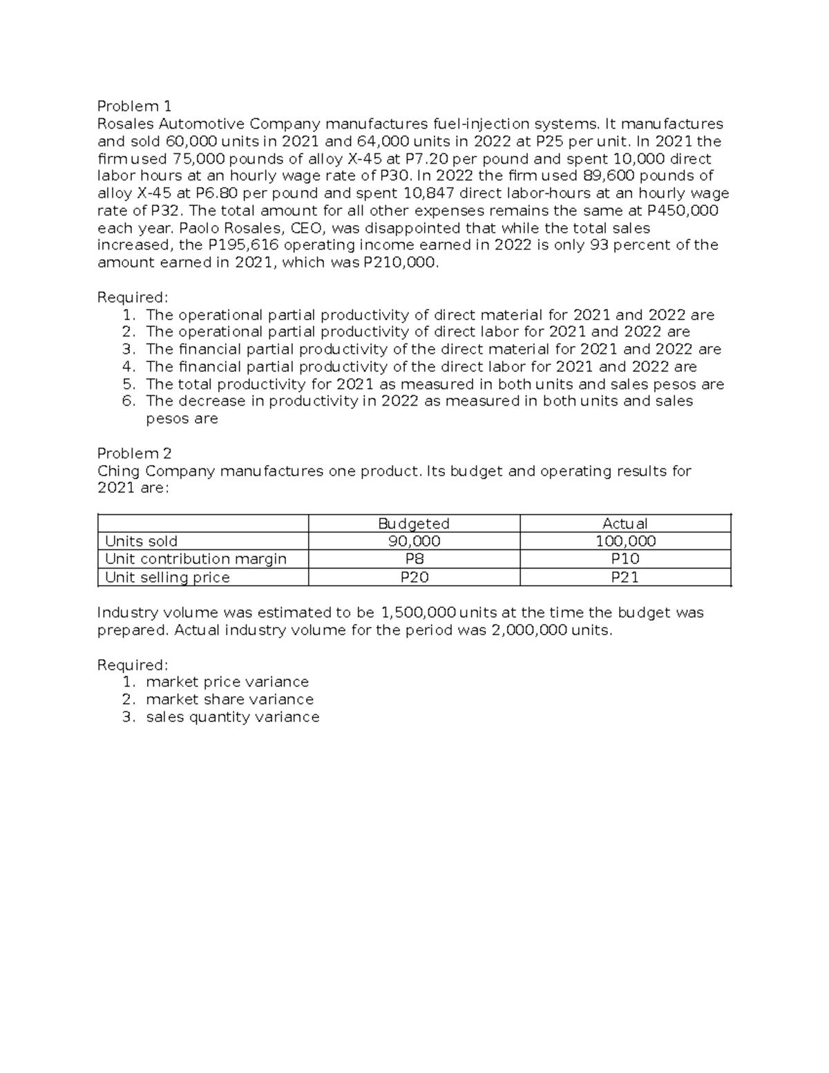 Productivity Practice Problems Problem 1 Rosales Automotive Company