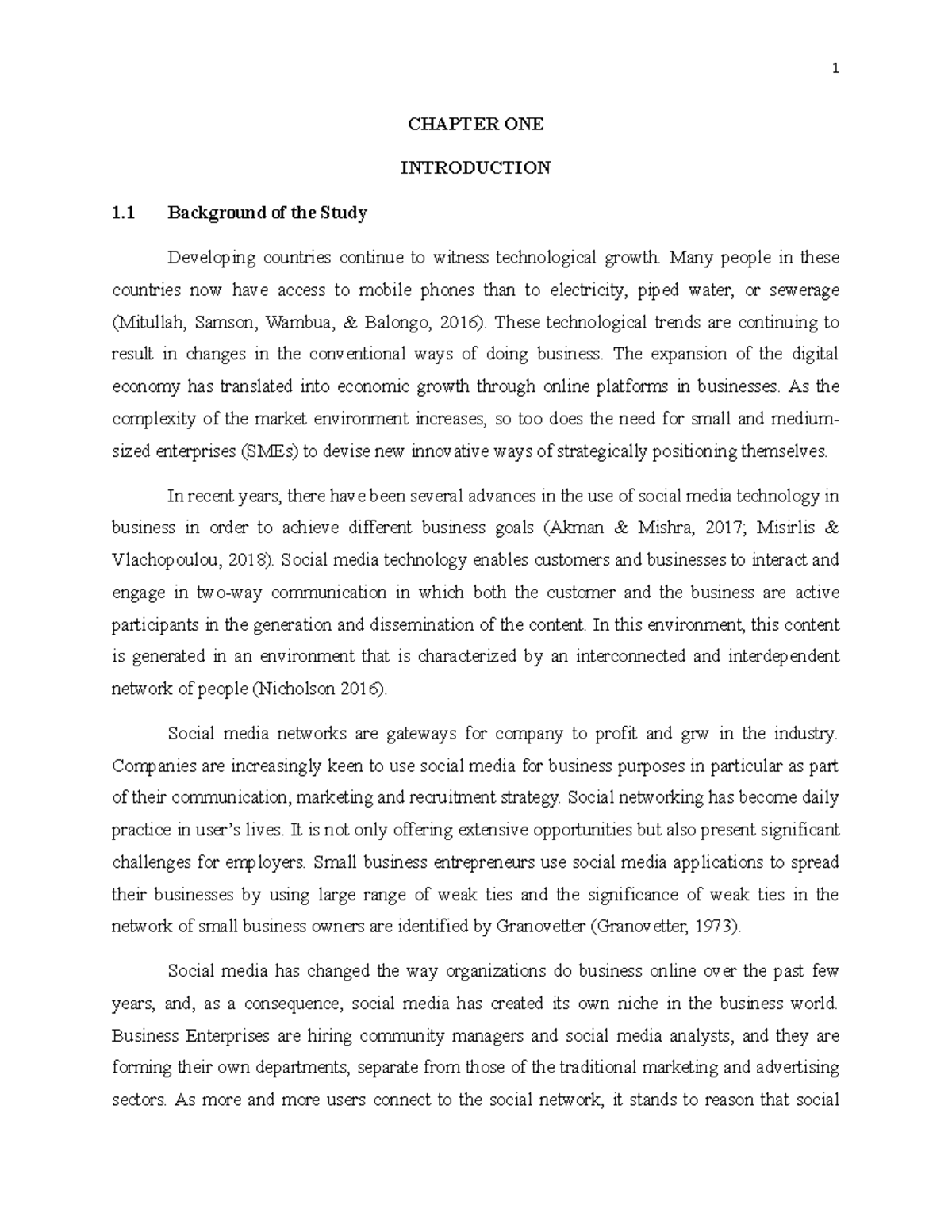 Project impact of social media SME - CHAPTER ONE INTRODUCTION 1 ...