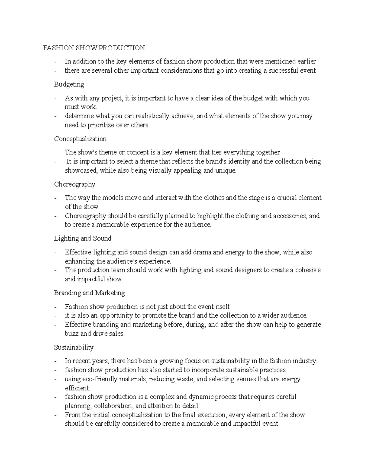 Fashion SHOW Production Notes 2 - FASHION SHOW PRODUCTION In addition ...