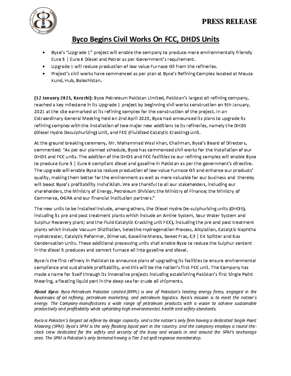 Bycopr data for 2021 - PRESS RELEASE Byco Begins Civil Works On FCC ...