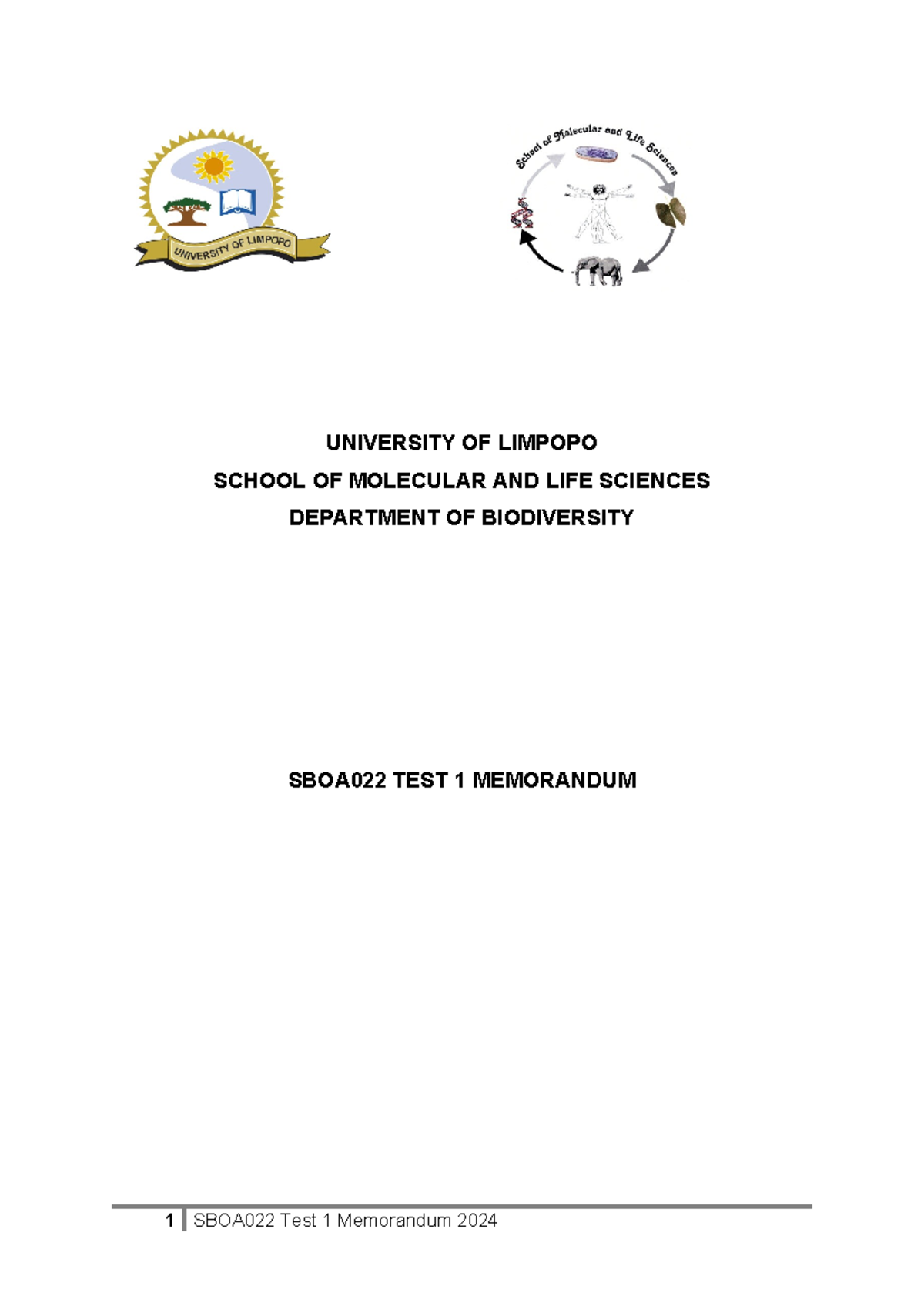 SBOA022 Test1 memo 2024 - UNIVERSITY OF LIMPOPO SCHOOL OF MOLECULAR AND ...