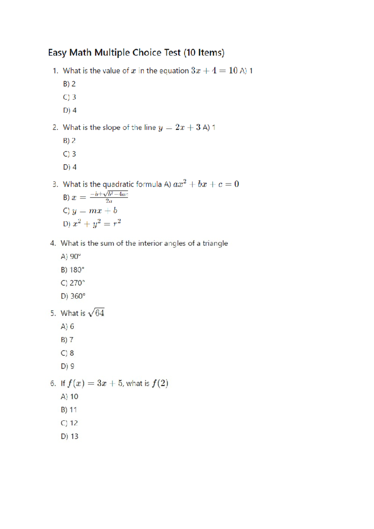 MATH Quizbee 2024 - Math Quiz - Easy Math Multiple Choice Test (10 ...