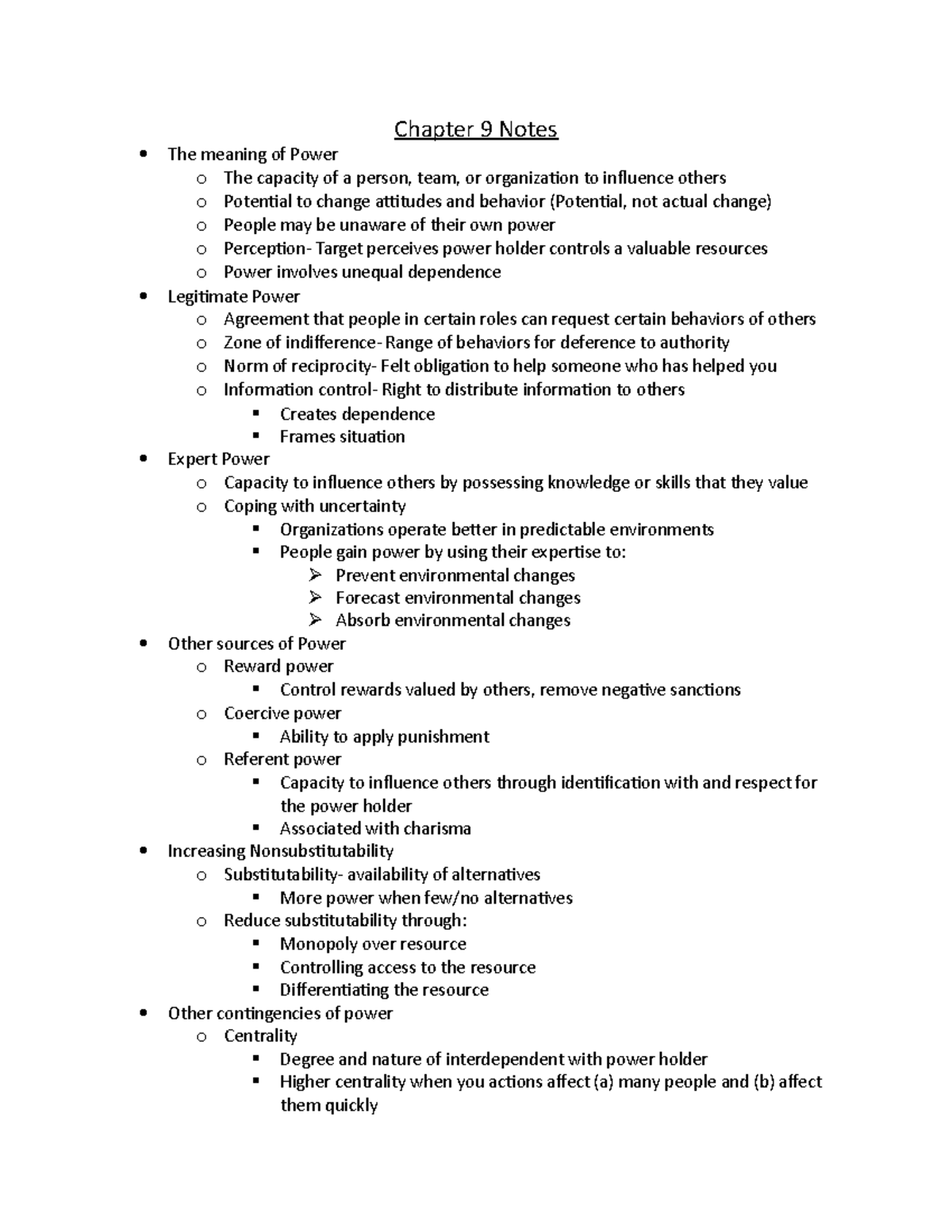 Chapter 9 Notes - Chapter 9 Notes The meaning of Power o The capacity ...