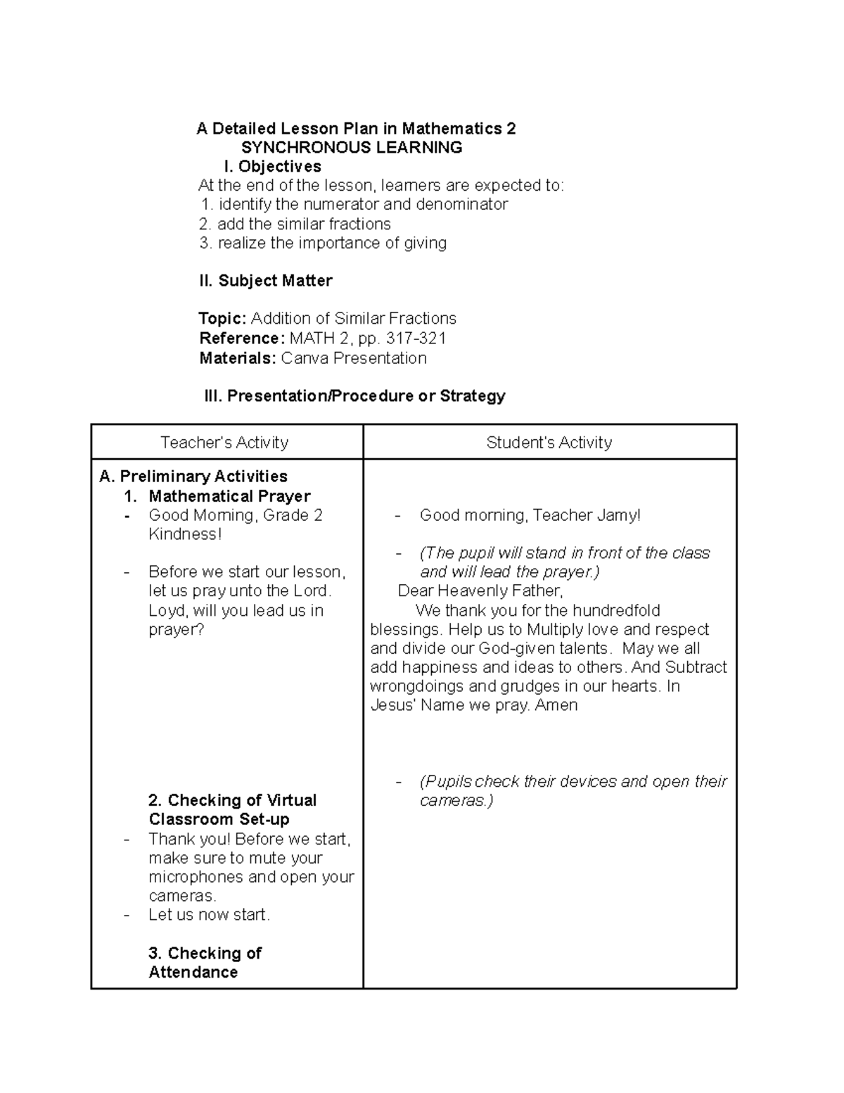 Addition Of Similar Fractions 2 A Detailed Lesson Plan In Mathematics