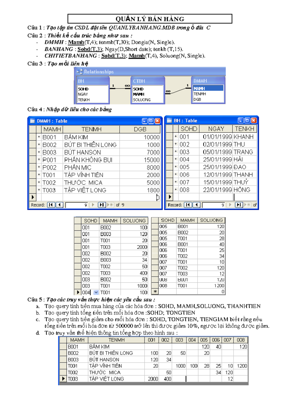 BÀI-TẬP- Access-QUẢN-LÝ-BÁN-HÀNG 330143 - Câu 1 : Tạo tập tin CSDL đặt tên QUANLYBANHANG trong ổ ...