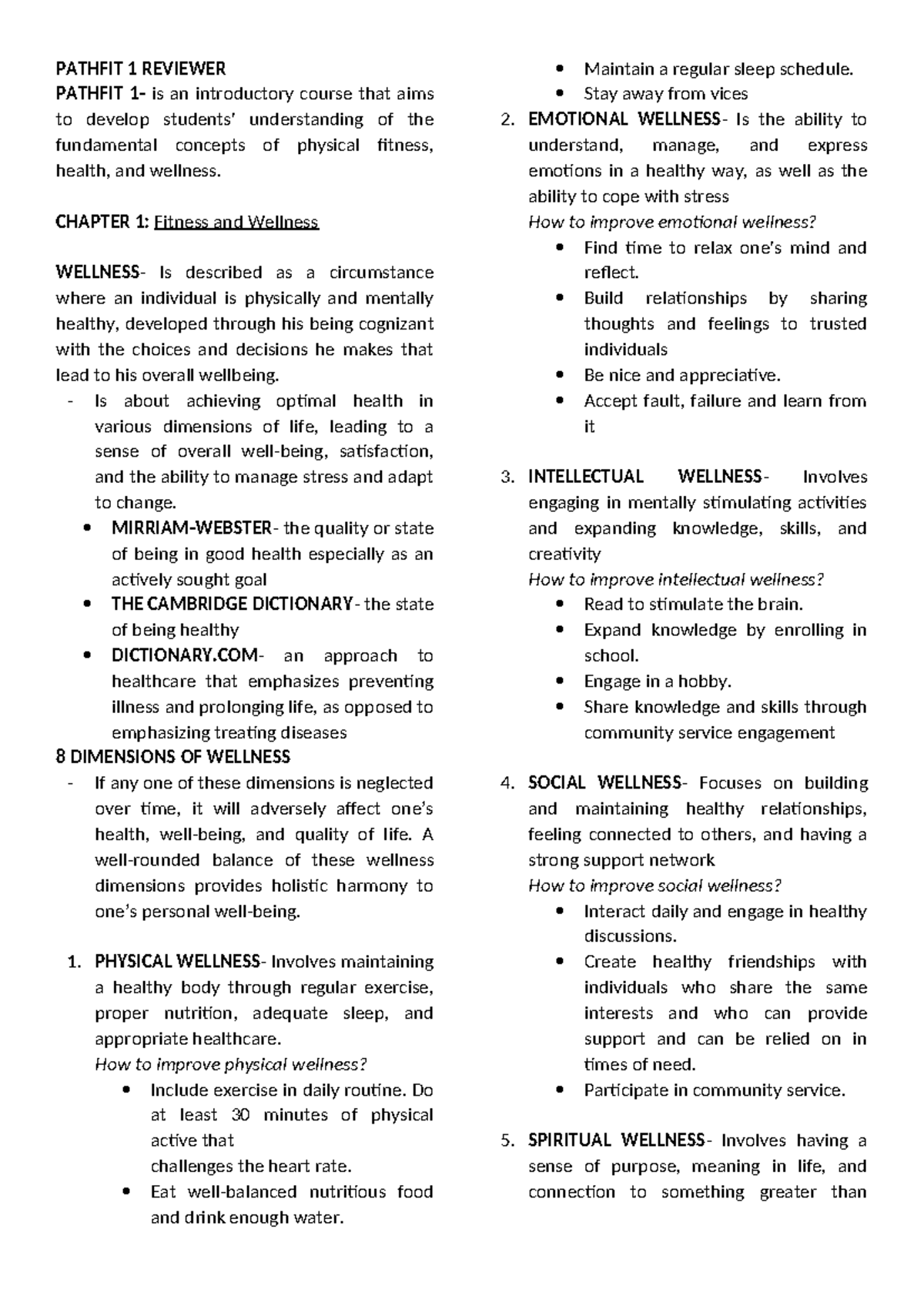 Pathfit-1- Reviewer - Summary of lessons - PATHFIT 1 REVIEWER PATHFIT 1 ...