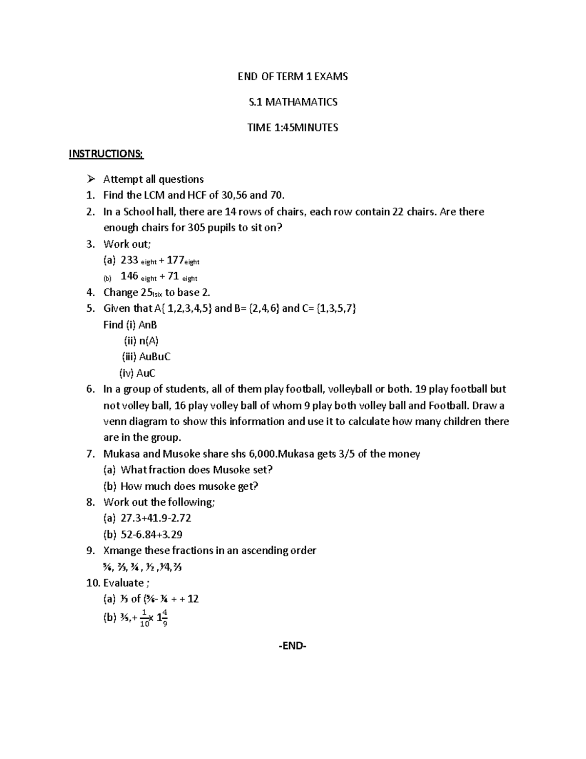 S 1 Mathamatics END OF TERM 1 Exams - END OF TERM 1 EXAMS S MATHAMATICS ...