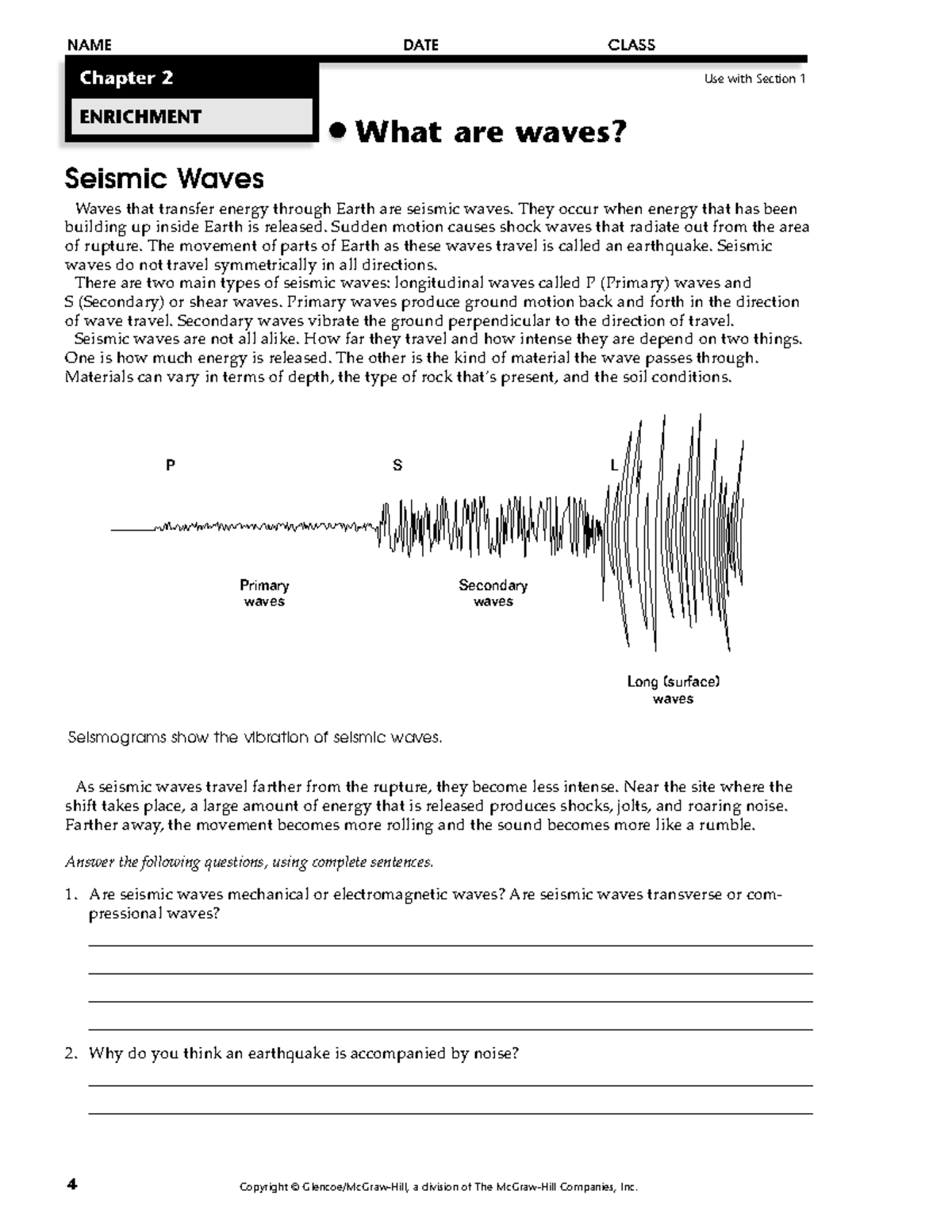 Seismic waves worksheet - 4 Copyright © Glencoe/McGraw-Hill, a division ...