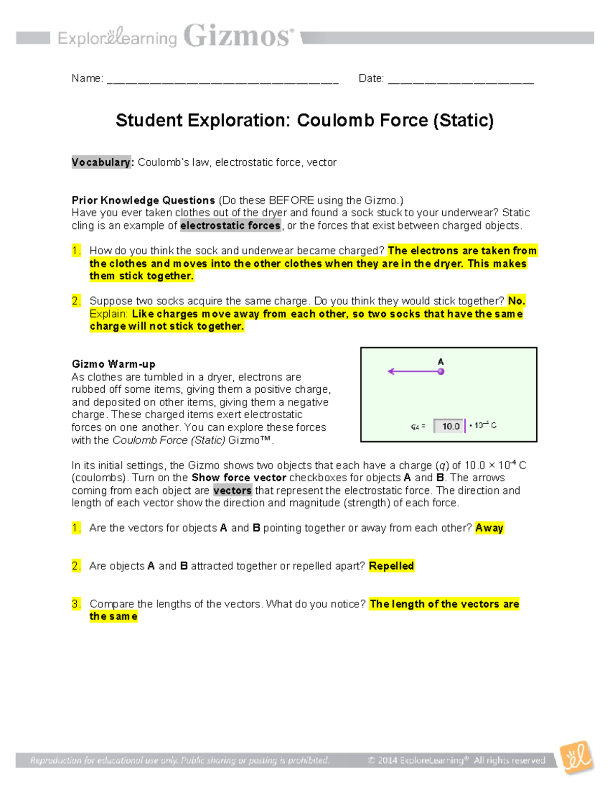 Coulomb Force SE-2018-1 - Name: ______________________________________ Date: - Studocu