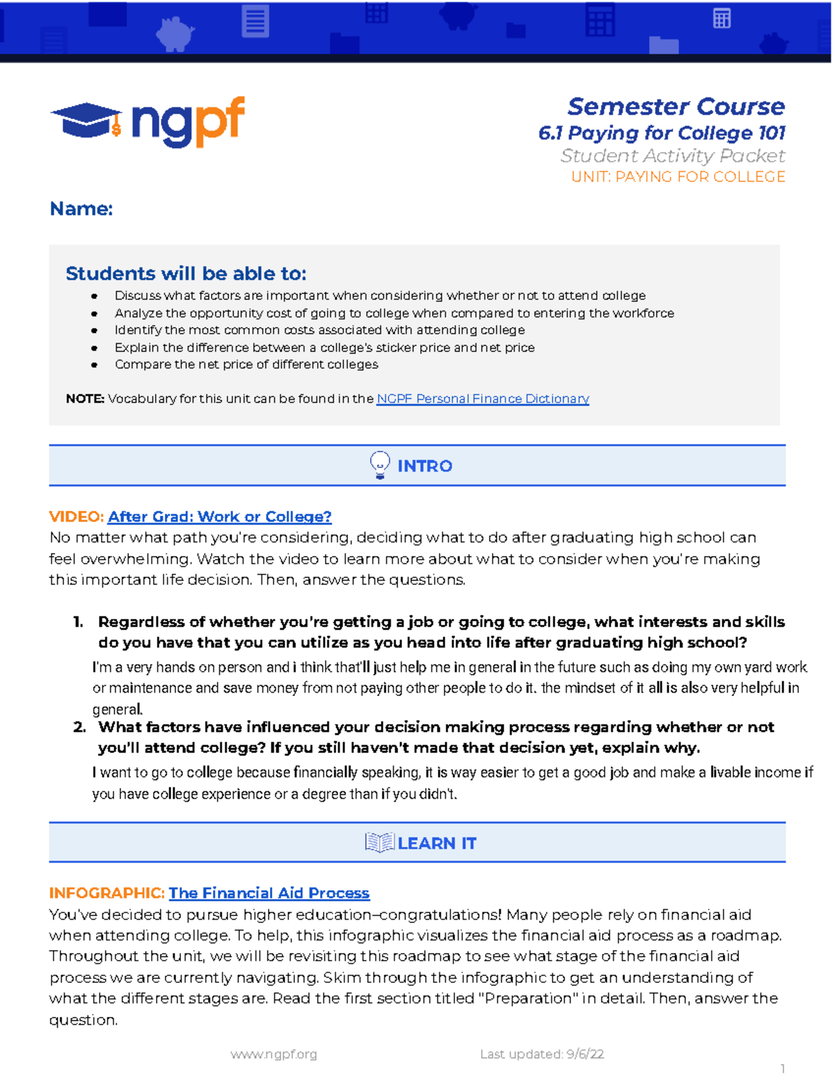 SC-3.1 Student Activity Packet - Semester Course 6 Paying for College ...