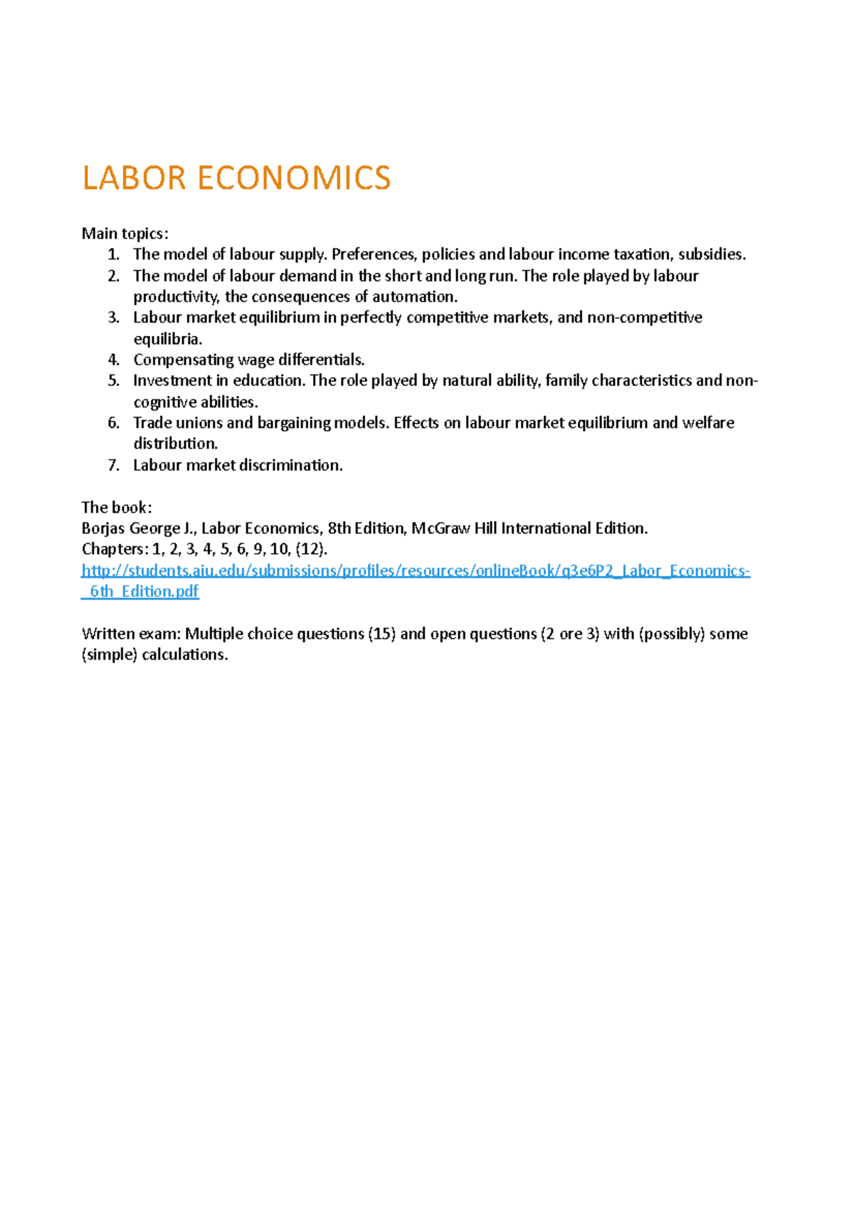 Labor Economics - appunti completi con grafici, spiegazioni dettagliate ...