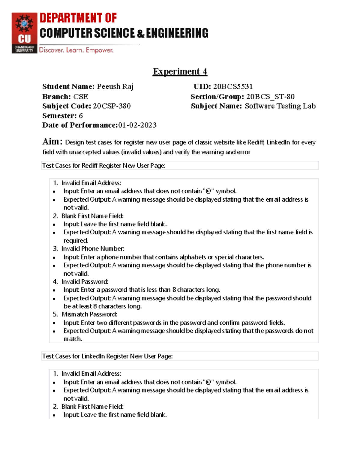 20bcs5531 exp 4 st - this is st assignment - DEPARTMENT OF COMPUTER ...