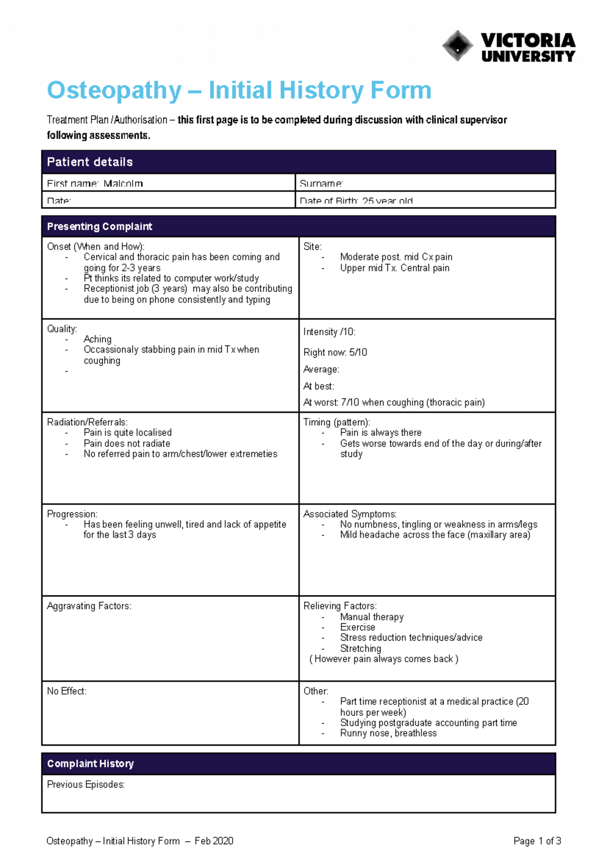 Initial History Template-VU 2020 - Osteopathy – Initial History Form ...