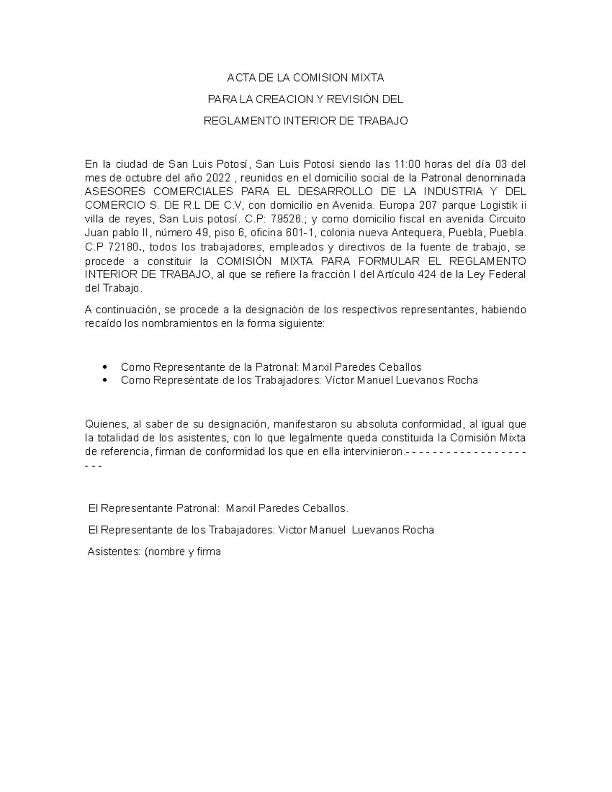 ACTA Comision Mixta Formulacion RIT1 - ACTA DE LA COMISION MIXTA PARA ...
