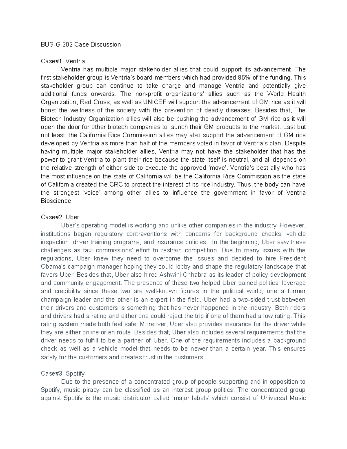 BUS-G 202 Case Discussion - BUS-G 202 Case Discussion Case#1: Ventria ...