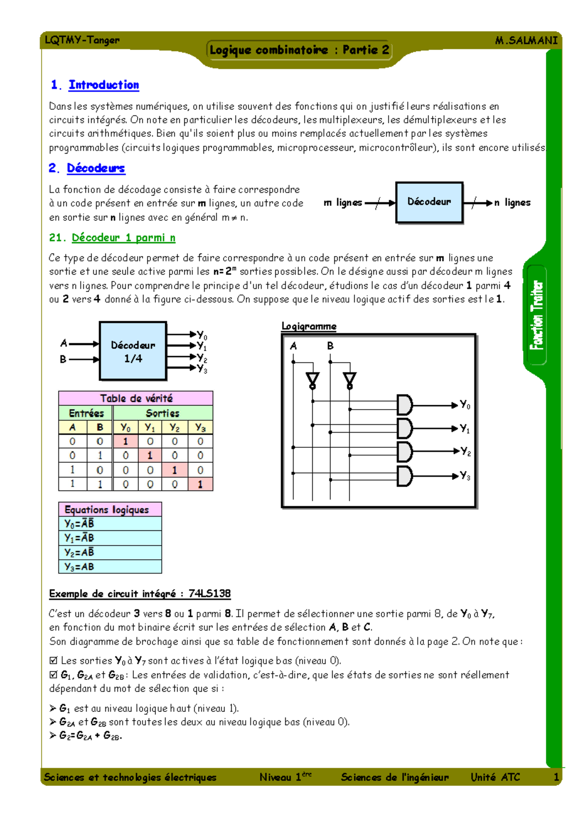 Logique combinatoire partie 2 cours - Logique combinatoire : Partie 2 1 ...
