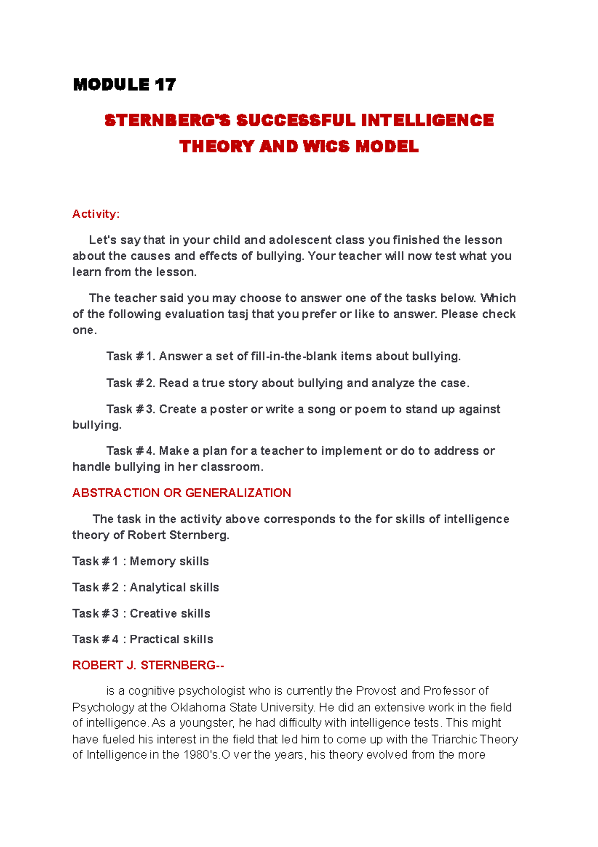 394933881 Module 17 1 - MODULE 17 STERNBERG'S SUCCESSFUL INTELLIGENCE THEORY AND WICS MODEL ...