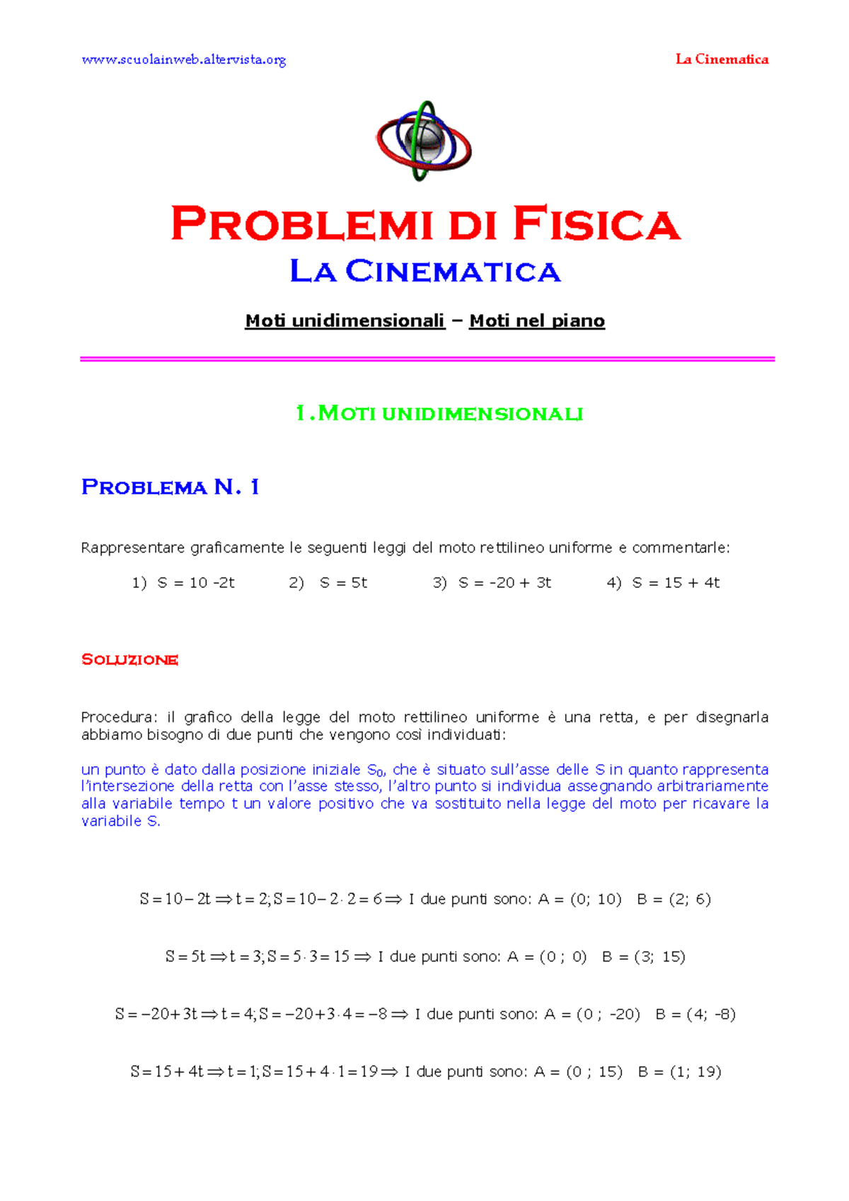 Esercizi di Cinematica risolti - Problemi di Fisica La Cinematica Moti unidimensionali – Moti ...