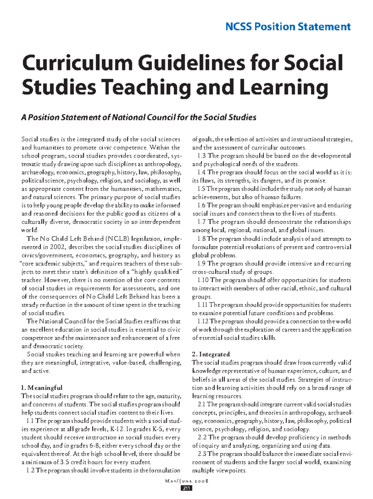 Curriculum Guidelines Social Studies Teaching and Learning 0 - M A Y ...