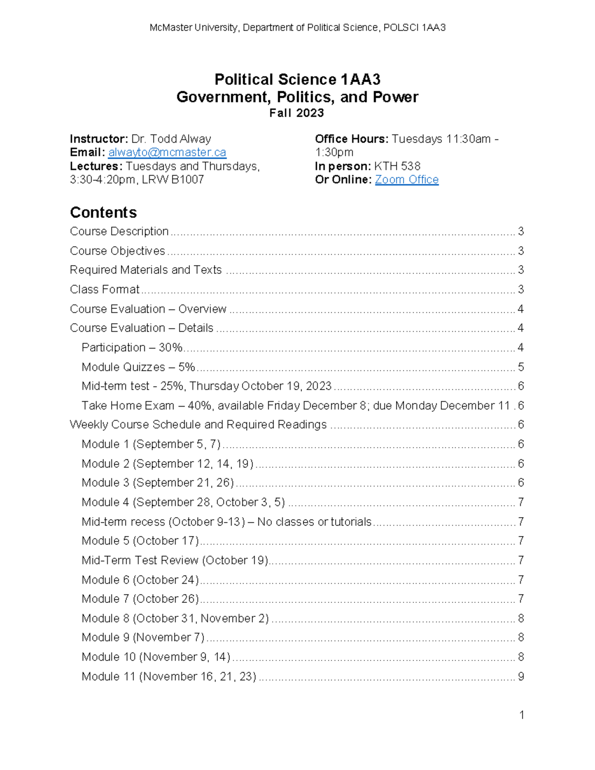 1AA3 syllabus - Government, Politics, and Power Instructor: Dr. Todd ...