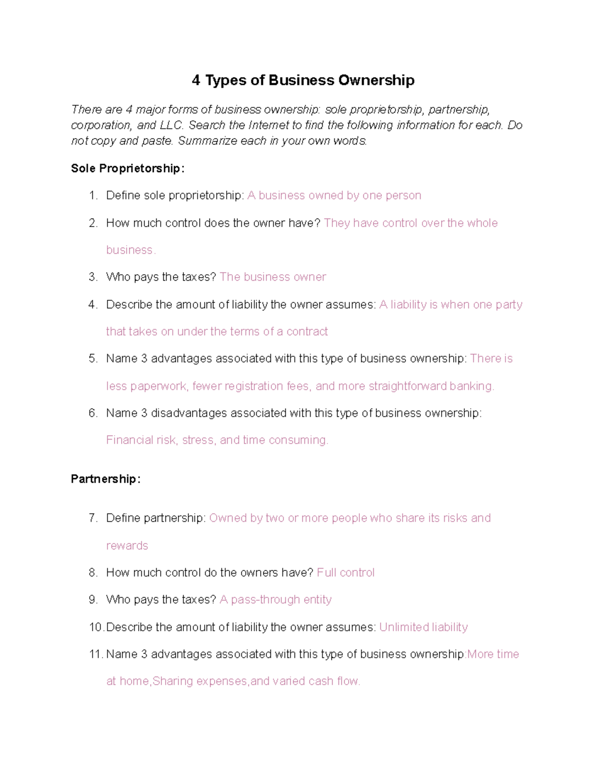 Copy of 4 Types of Business Ownership - 4 Types of Business Ownership ...