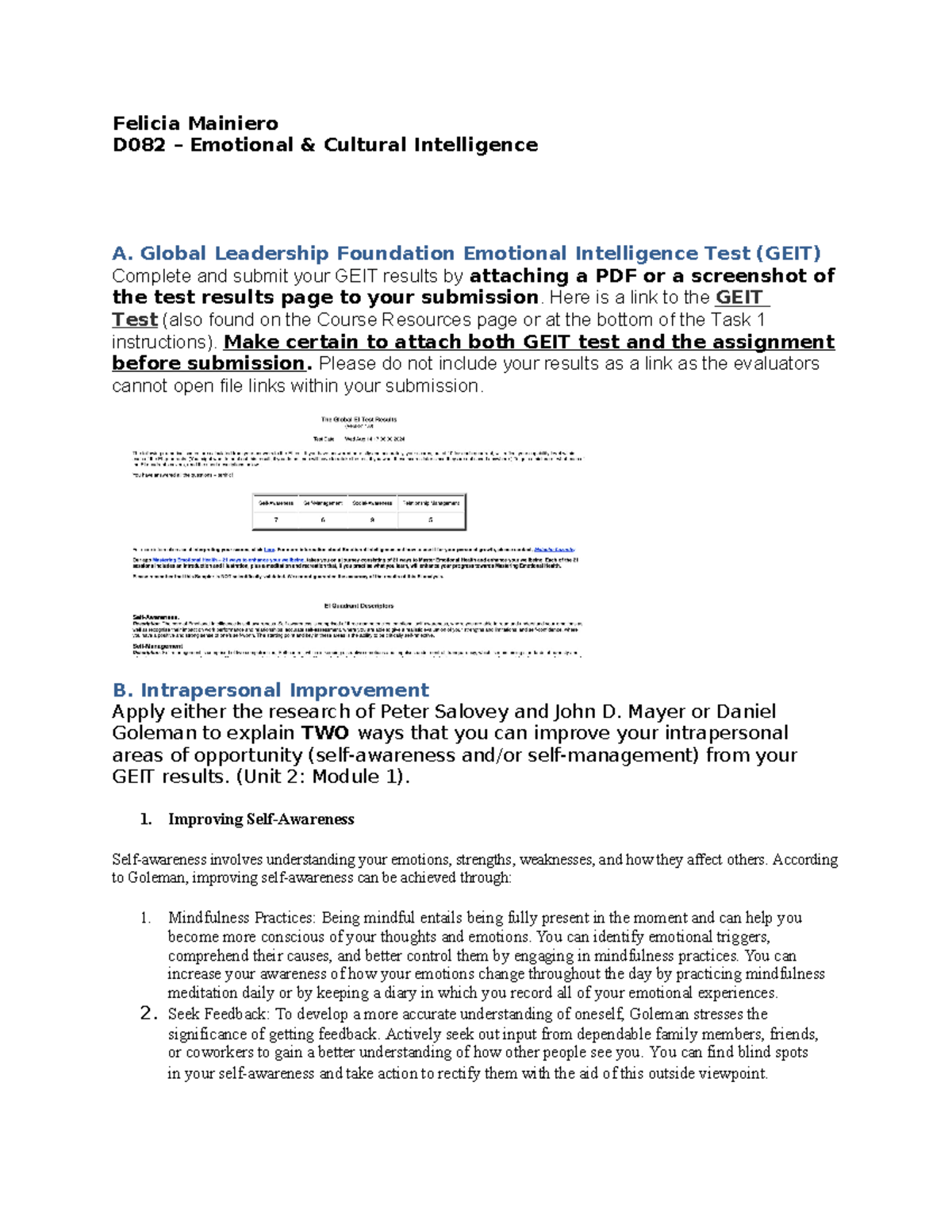 D082 Task 1 - D082 Task 1 - Felicia Mainiero D082 – Emotional ...