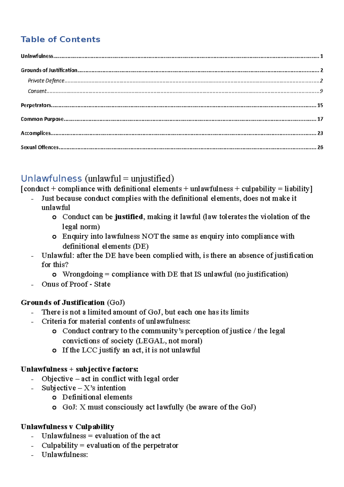 Criminal Law Semester 2 notes - Table of Contents - Studocu