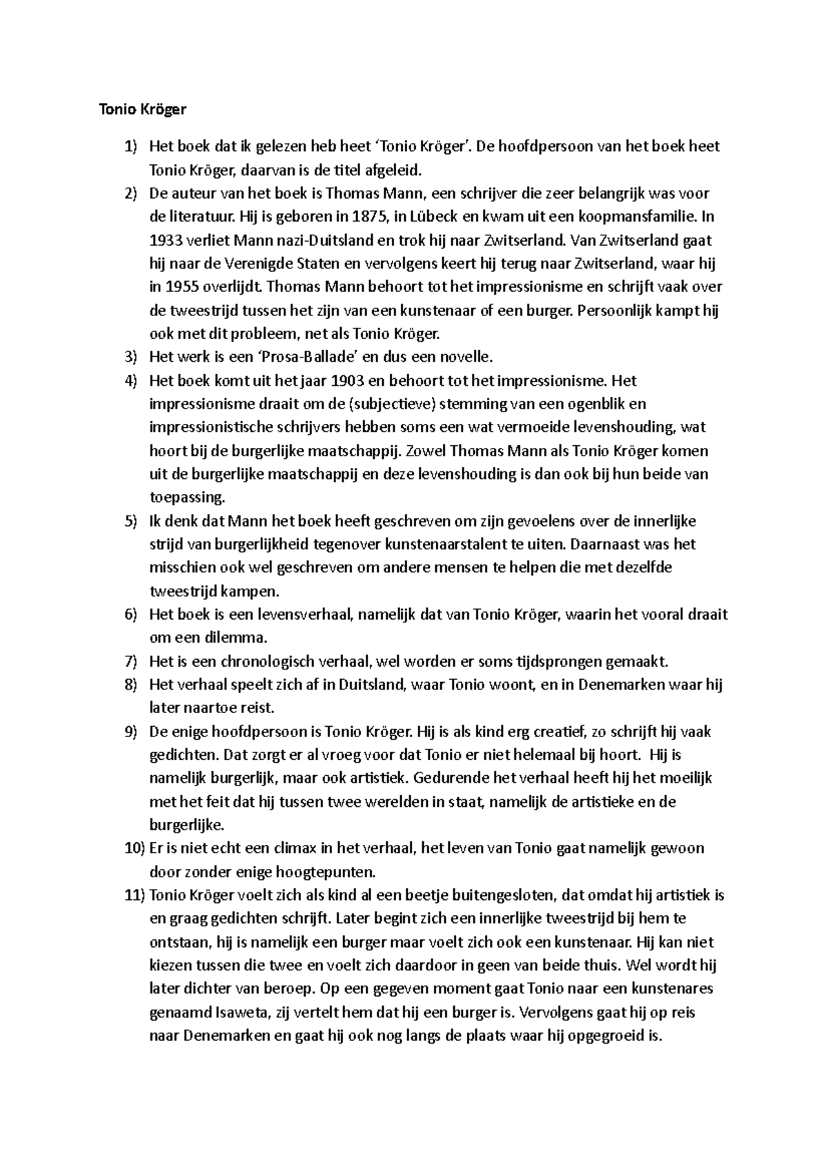 Boekverslag Tonio Kröger - Tonio Kröger Het boek dat ik gelezen heb ...