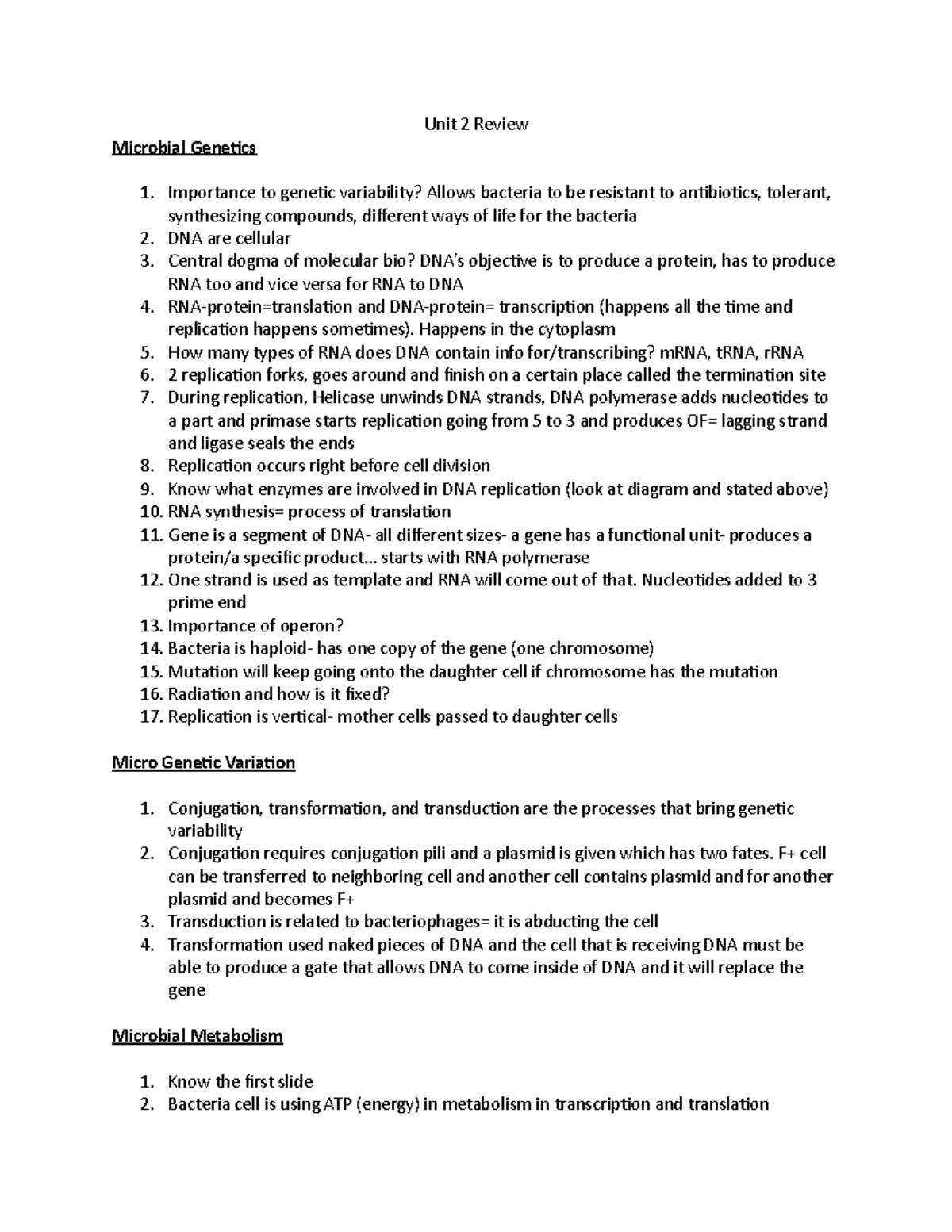 Unit 2 Review - Microbial Genetics Unit 2 Review 1. Importance to ...