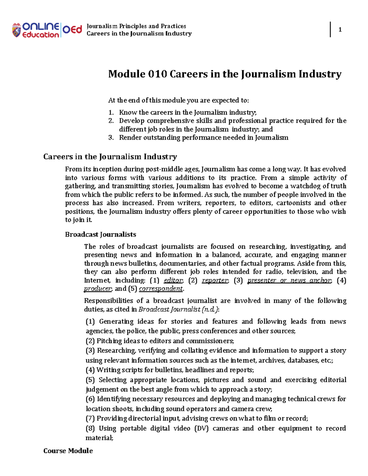 W12 Lesson 10 Careers In The Journalism Industry Module
