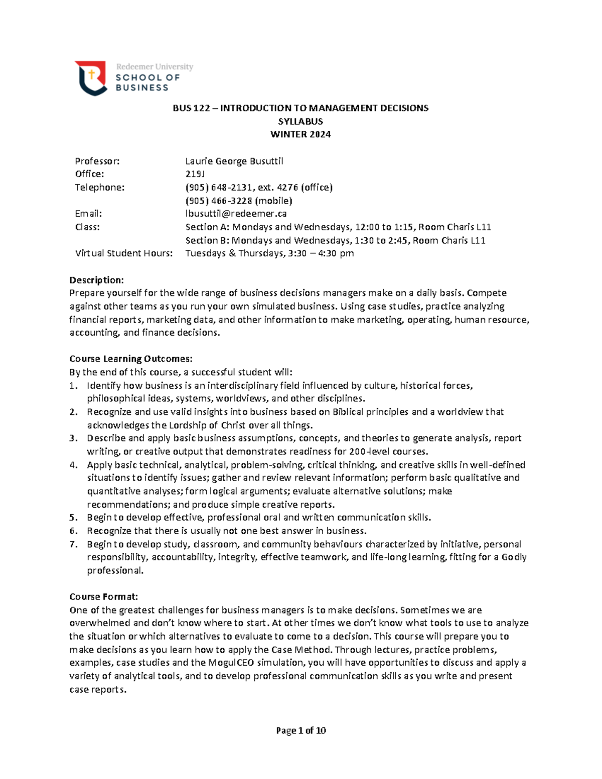 BUS 122 W24 Syllabus - neat - BUS 122 – INTRODUCTION TO MANAGEMENT DECISIONS SYLLABUS WINTER 202 ...