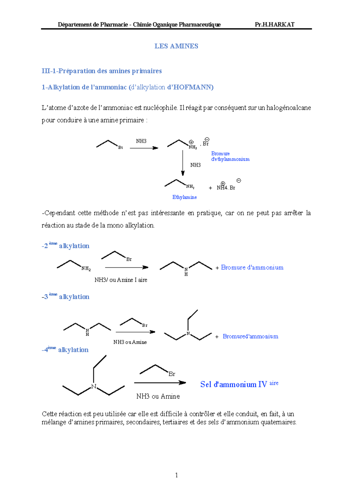 Cours lea amines 2 - Chimier - LES AMINES III-1-Préparation des amines primaires 1-Alkylation de ...
