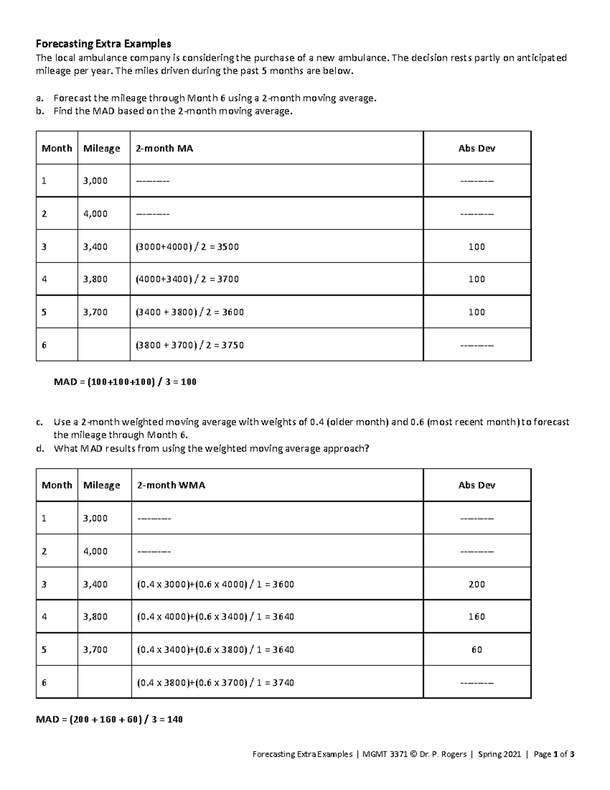 5 OM Forecasting Extra Examples Spring 2021 Students Solutions - Forecasting Extra Examples ...