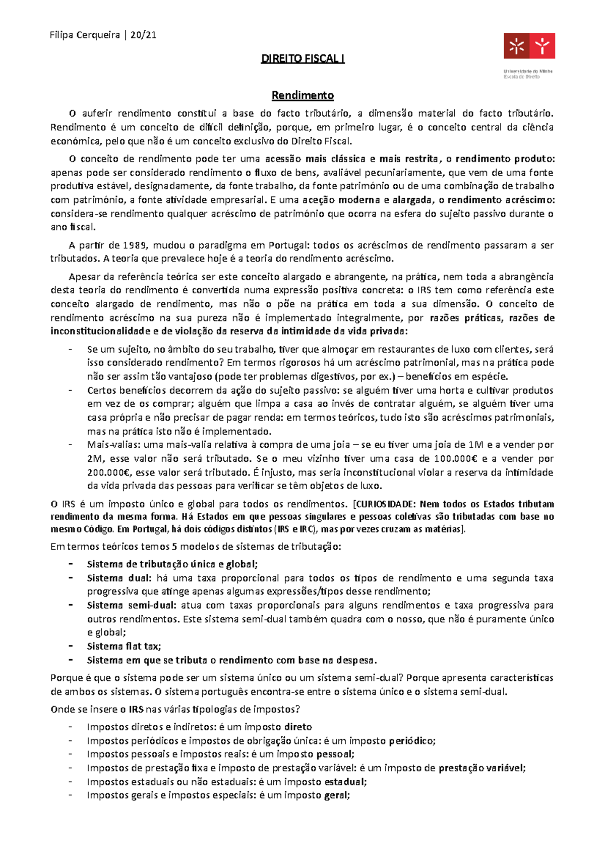 Direito Fiscal - Teste 2 - DIREITO FISCAL I Rendimento O auferir ...