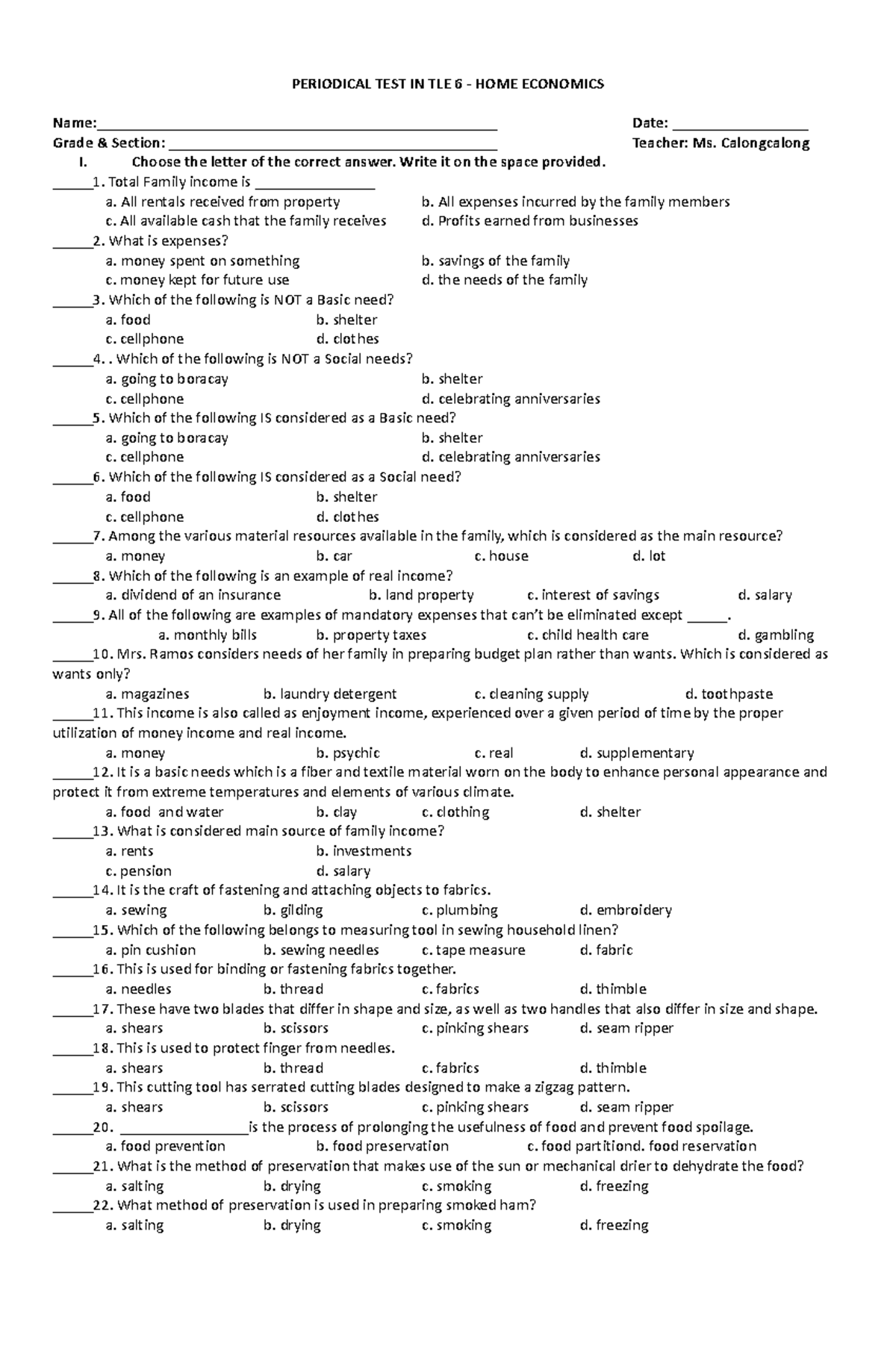 Periodical TEST IN TLE 6 HE FIN - PERIODICAL TEST IN TLE 6 - HOME ...