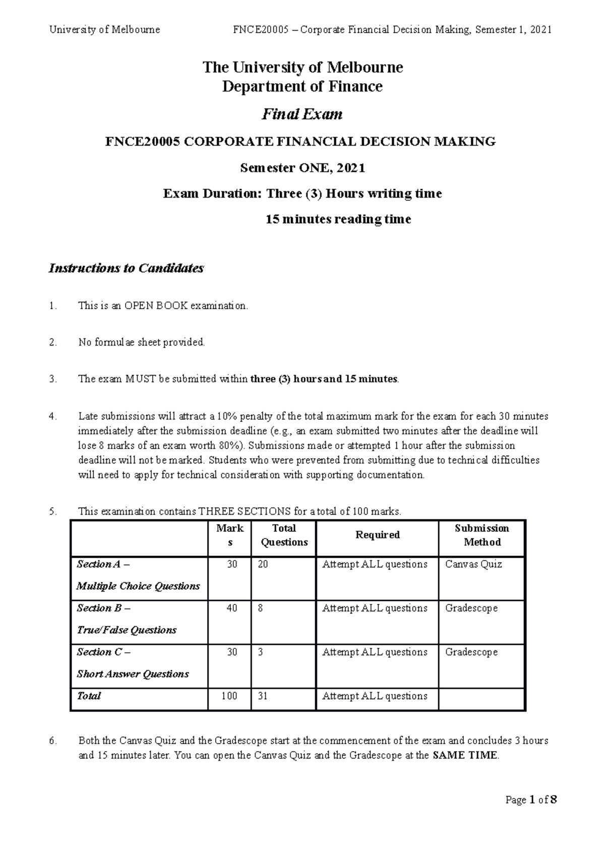 FNCE2000 5 Corporate Financial Decision Making Final Exam - S1, 2021-1 ...