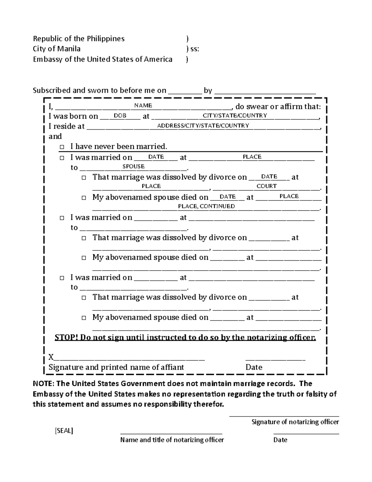 Capacity to marry affidavit with field markings - Republic of the ...