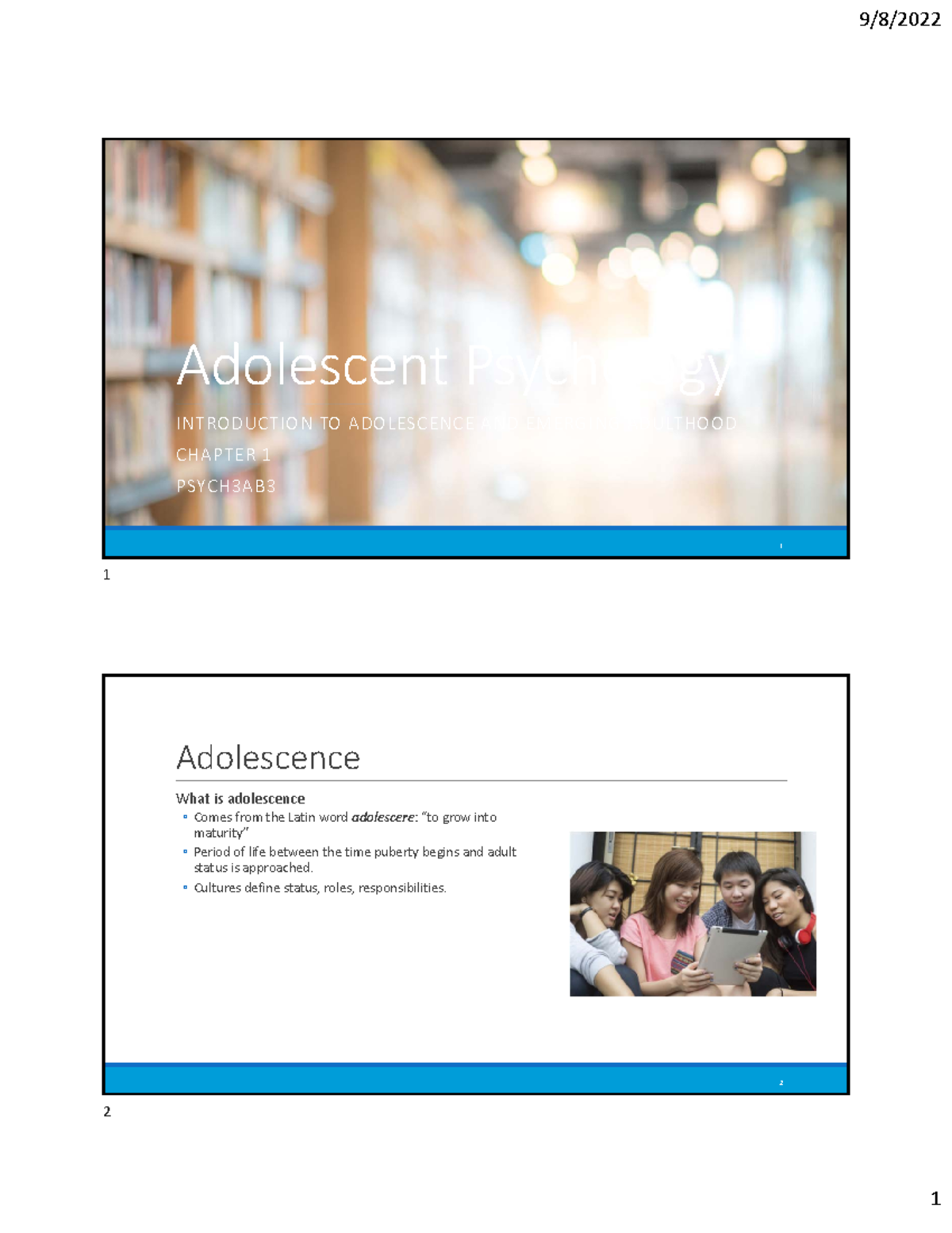 Week 1 - Introduction to Adolescence F2022 - Adolescent Psychology ...
