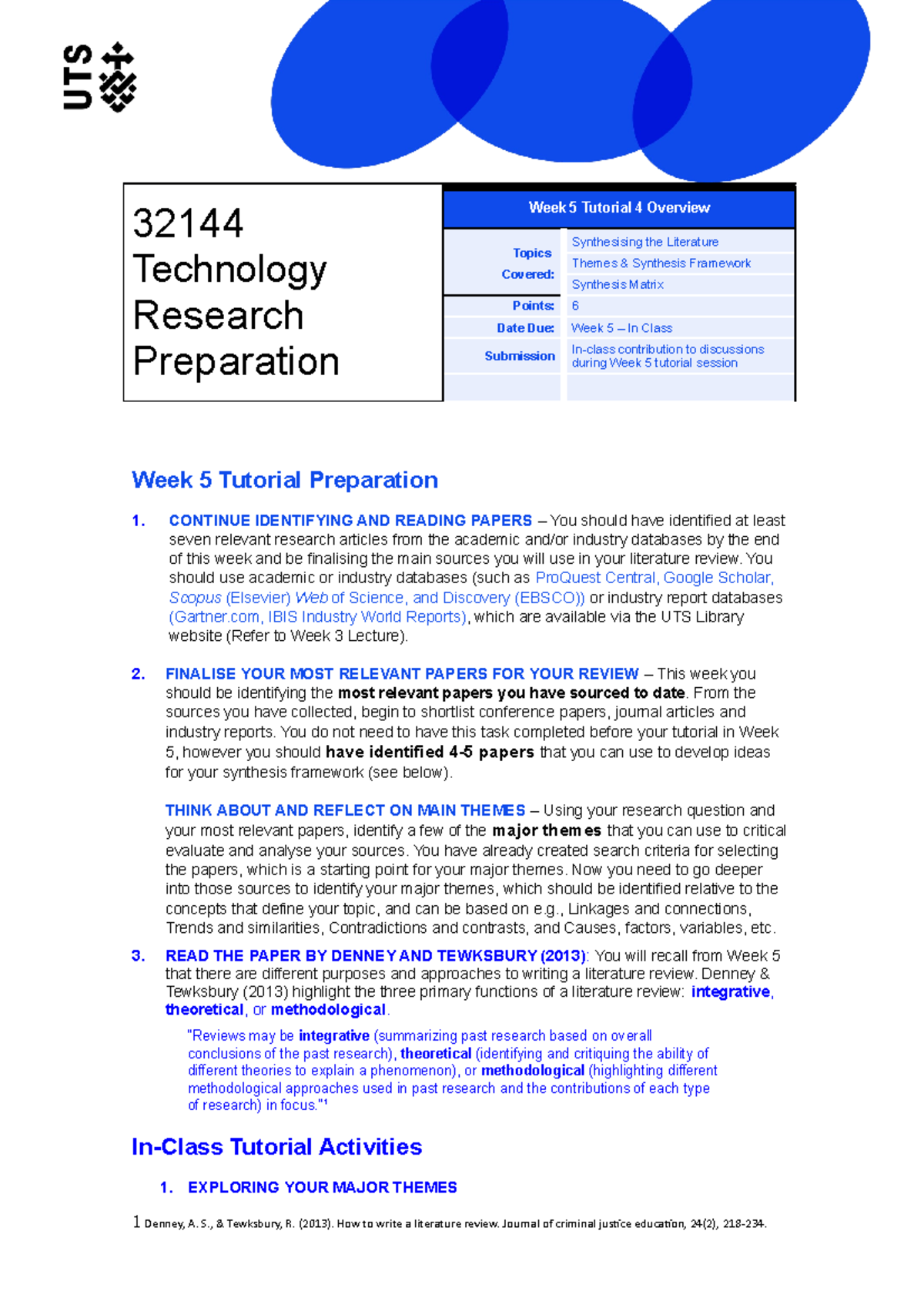 Week05 Tut04 Synthesising The Literature - 32144 Technology Research ...