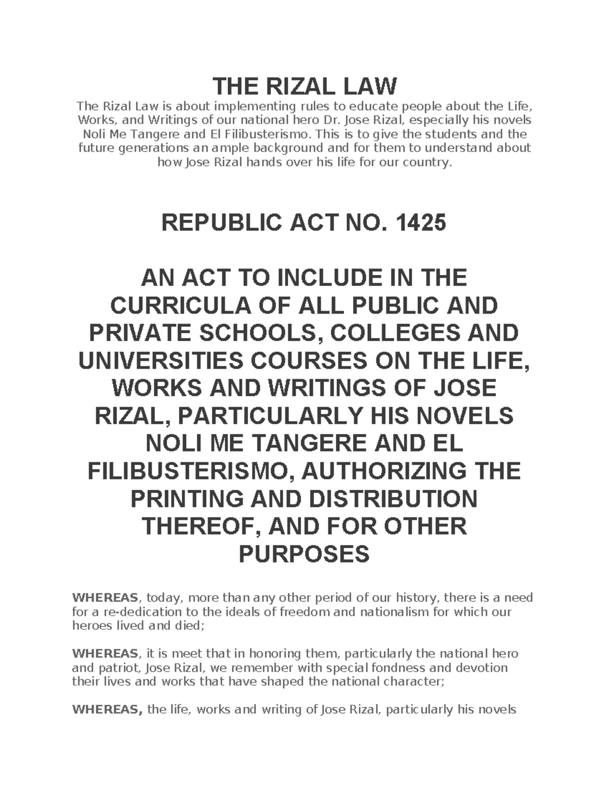 THE Rizal LAW - its all about law - THE RIZAL LAW The Rizal Law is ...