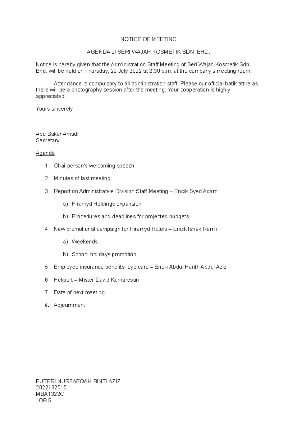 Notice OF Meeting JOB 5 - OBM202 - NOTICE OF MEETING AGENDA of SERI ...