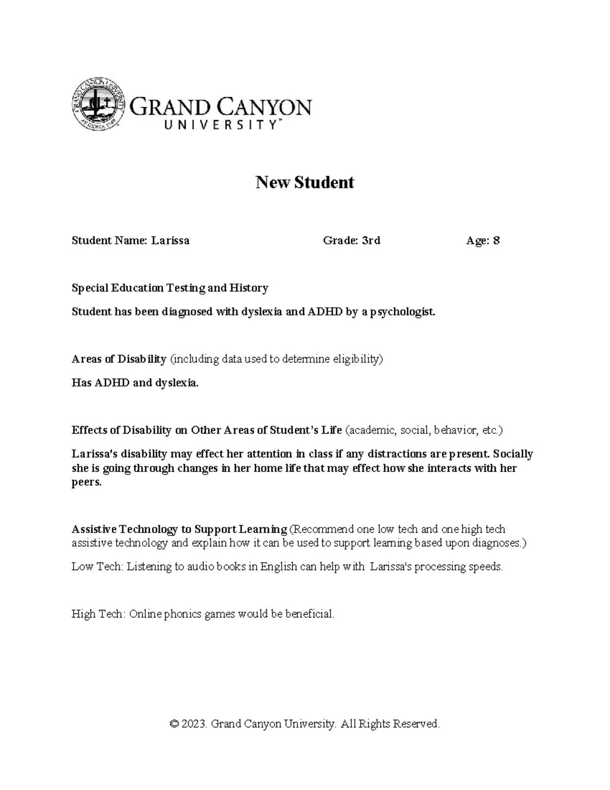 SPD-208 RS T6 New Student - New Student Student Name: Larissa Grade ...