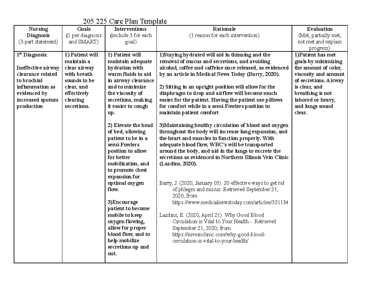 Karen Jmaes nursing care plan - 205 225 Care Plan Template Nursing ...