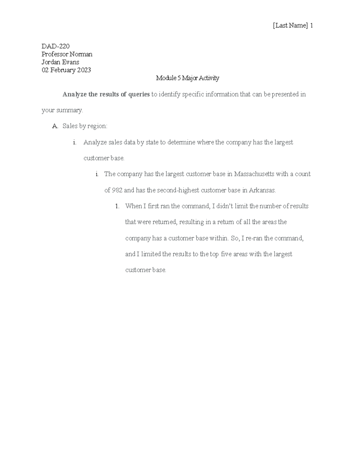 Module 5 Major Activity - Evans, Jordan - DAD- Professor Norman Jordan ...