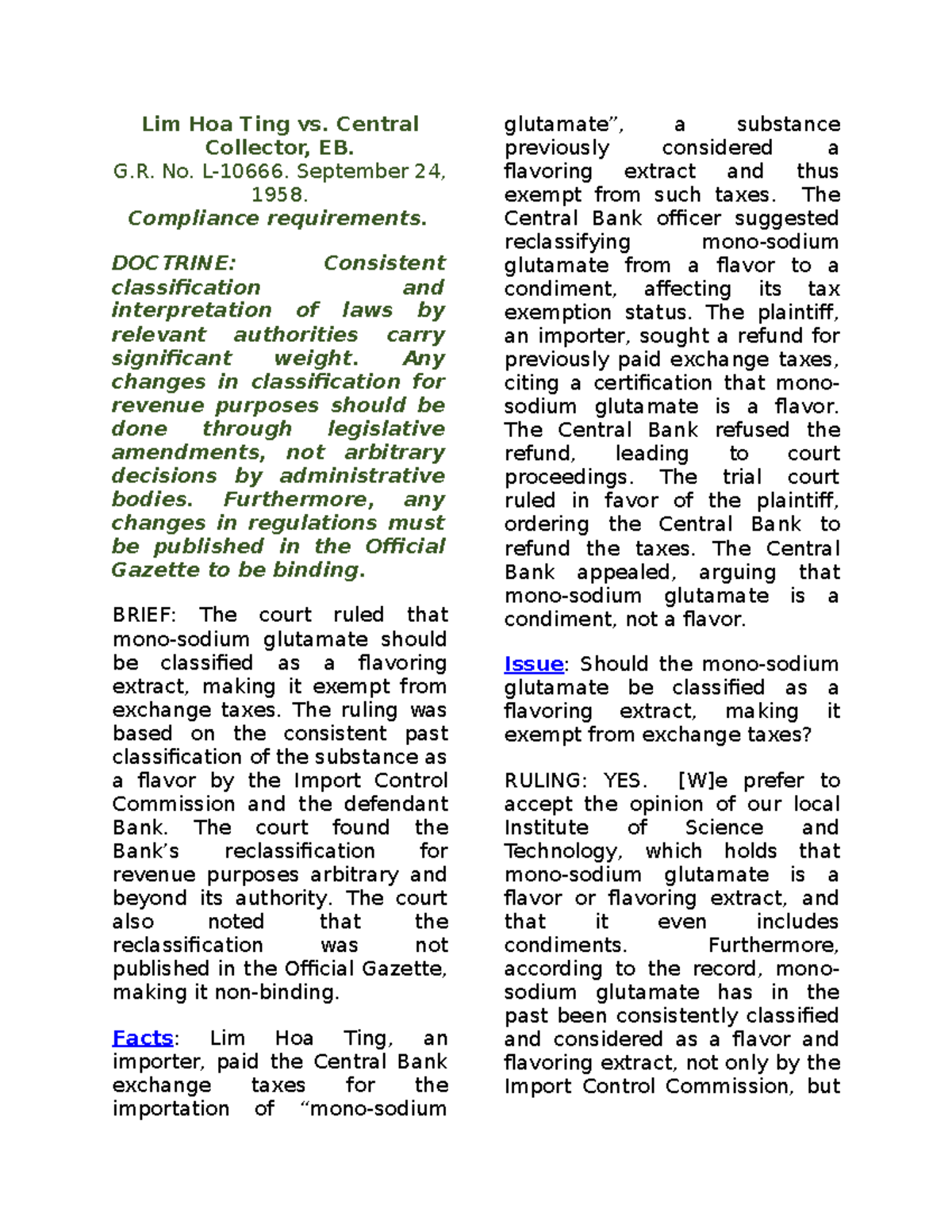 Lim Hoa Ting vs. Central Collector, EB, 1958 compliance requirements ...