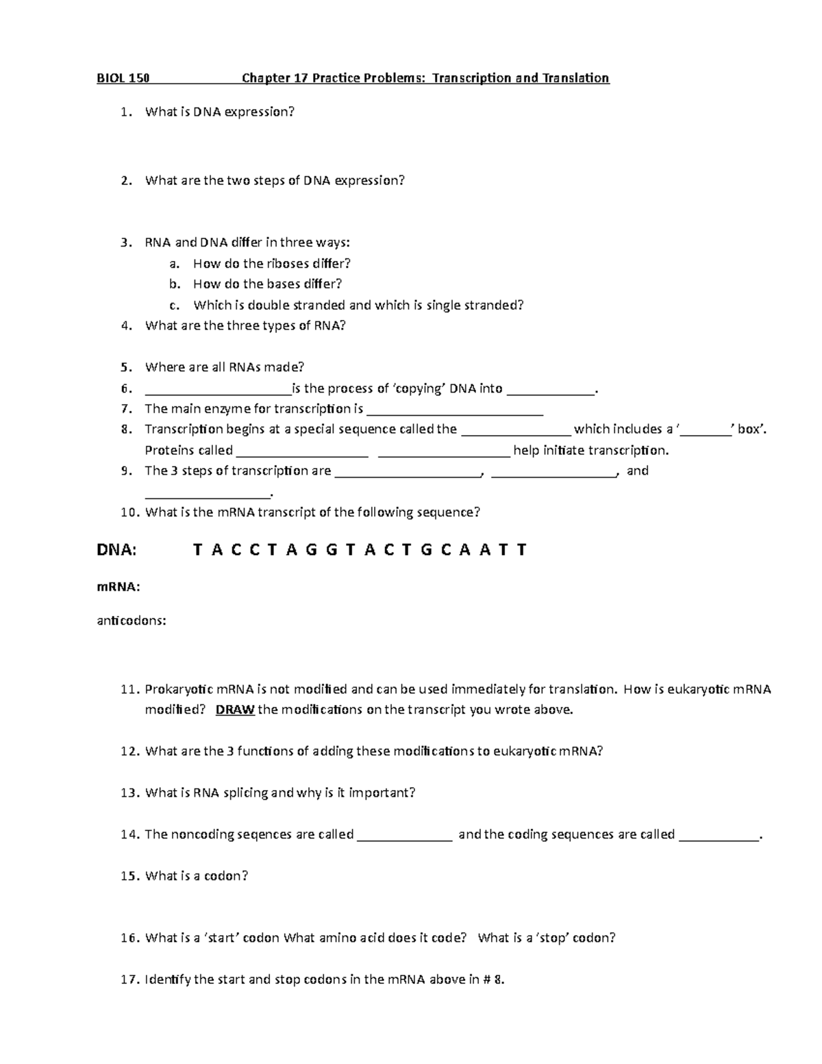 Ch 17 Practice questions - BIOL 150 Chapter 17 Practice Problems ...