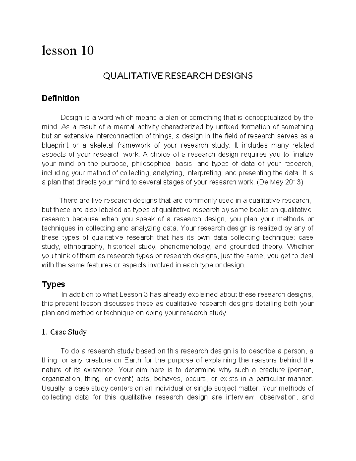 PR Notes 10,11 ME - lesson 10 QUALITATIVE RESEARCH DESIGNS Definition ...