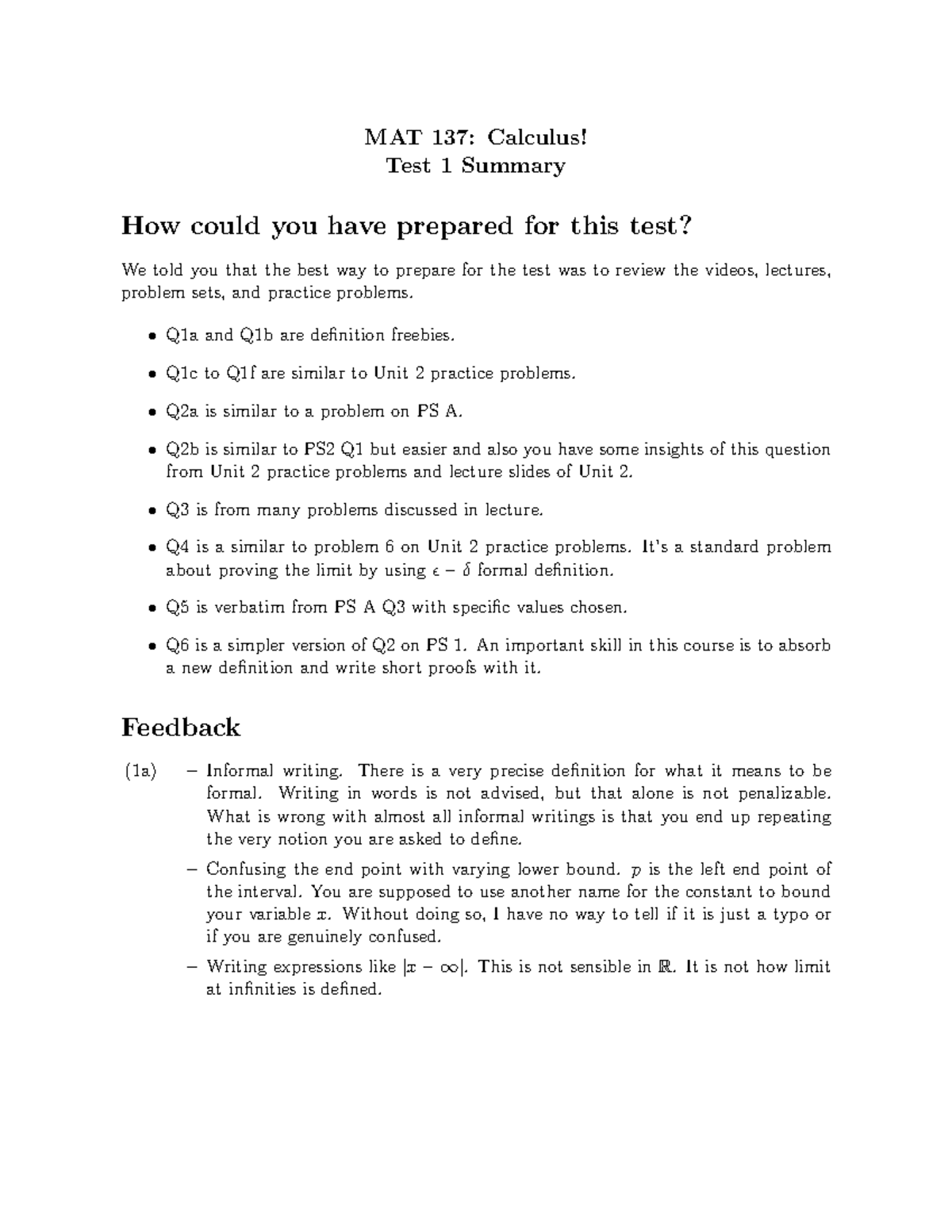 Term Test 1 2021 - MAT 137: Calculus! Test 1 Summary How could you have ...