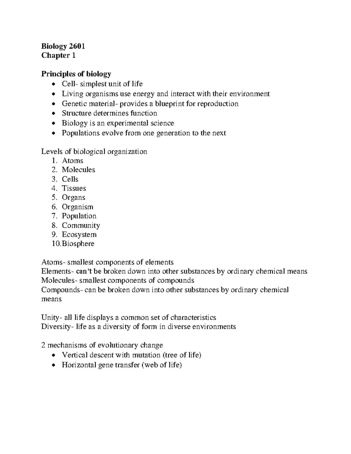 Biology 2601 CH1 - Biology 2601 Chapter 1 Principles of biology - Cell ...